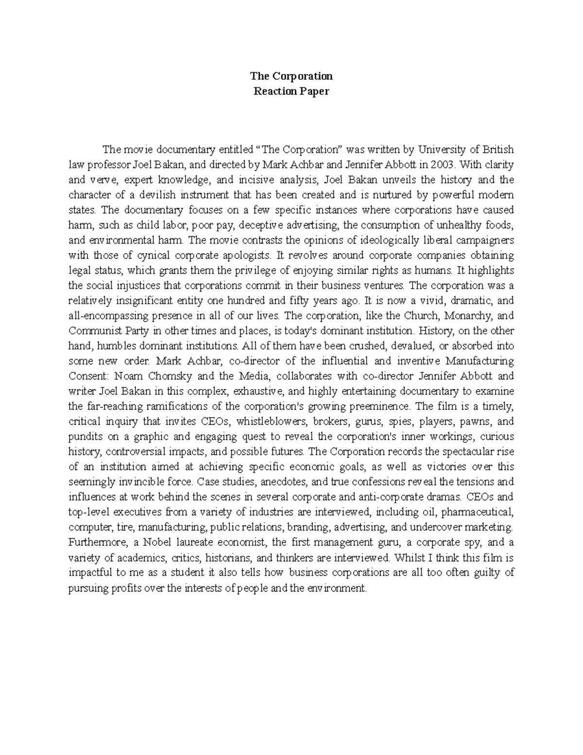 Reaction Paper IN Contemporary - The Corporation Reaction Paper The ...