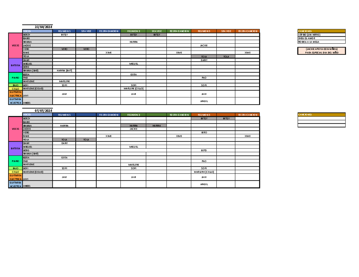 Roster ROLL Abril-MAYO - 28/04/ VOCES REUNION 1 1RA VOZ R1 5TA CANCION ...