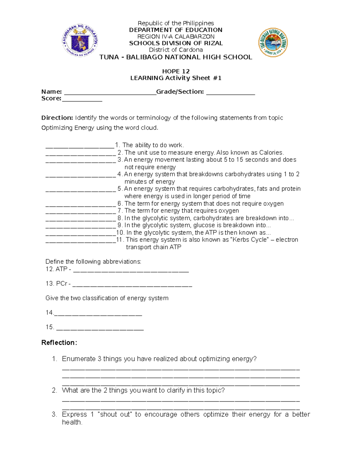 LAS HOPE 12 W1 - activity sheet - Republic of the Philippines ...