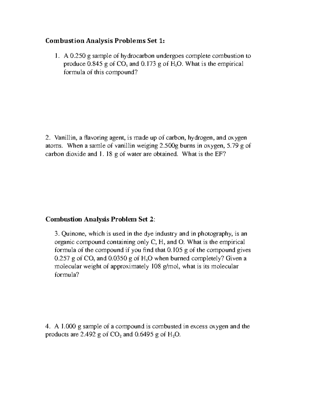 Combustion Analysis Problems Set 1-3 - What is the empirical formula of ...