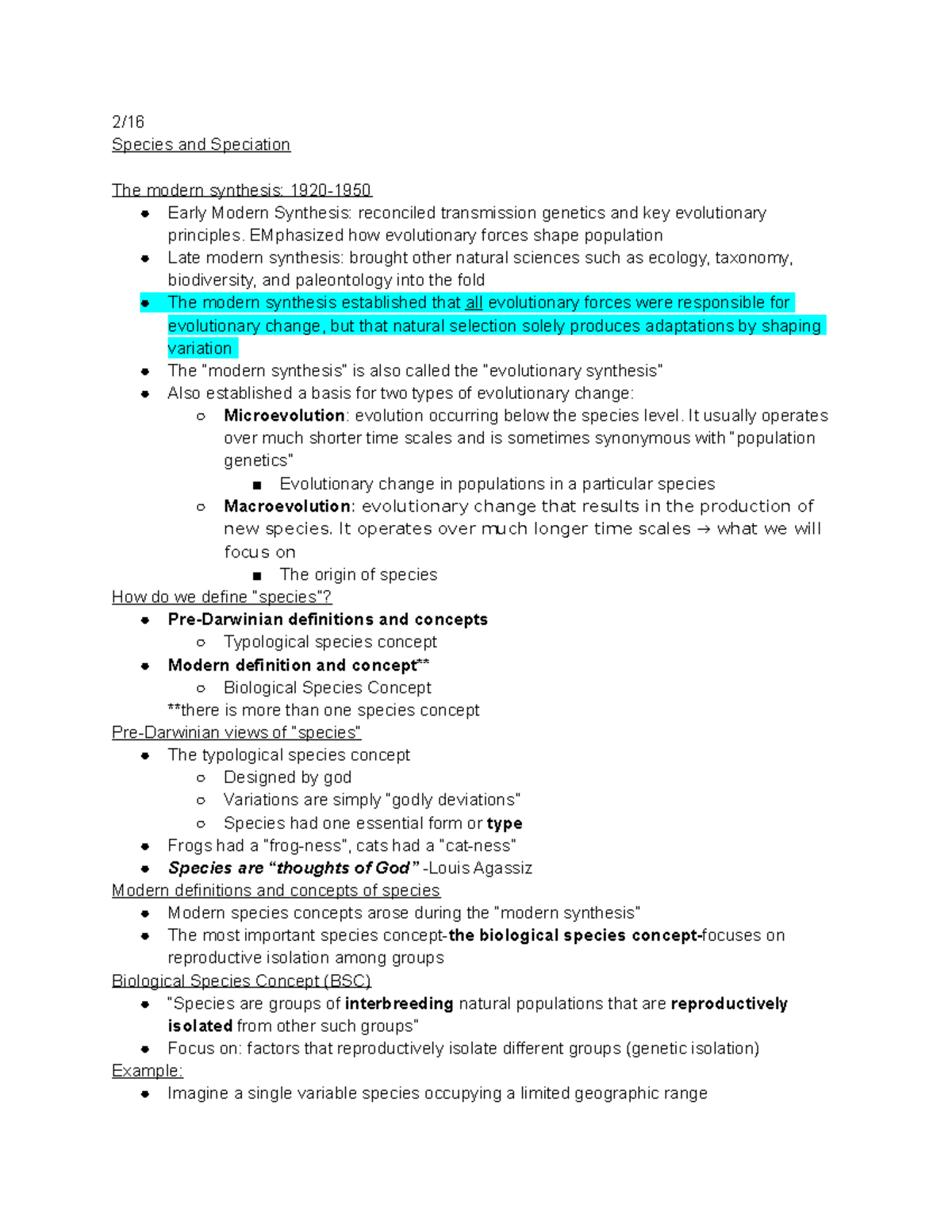 Exam 2 Class Notes - 2/ Species and Speciation The modern synthesis ...