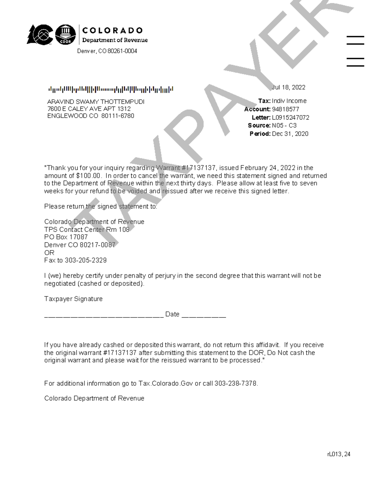 View File - notes - Account: Denver, CO 80261- Letter: Tax: N05 - C ...