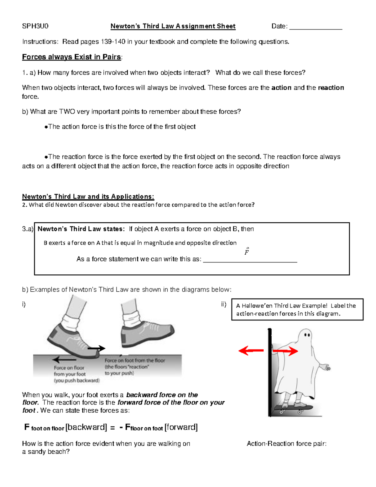 5.0 Newton's third law textbook worksheet - SPH3U0 Newton’s Third Law ...