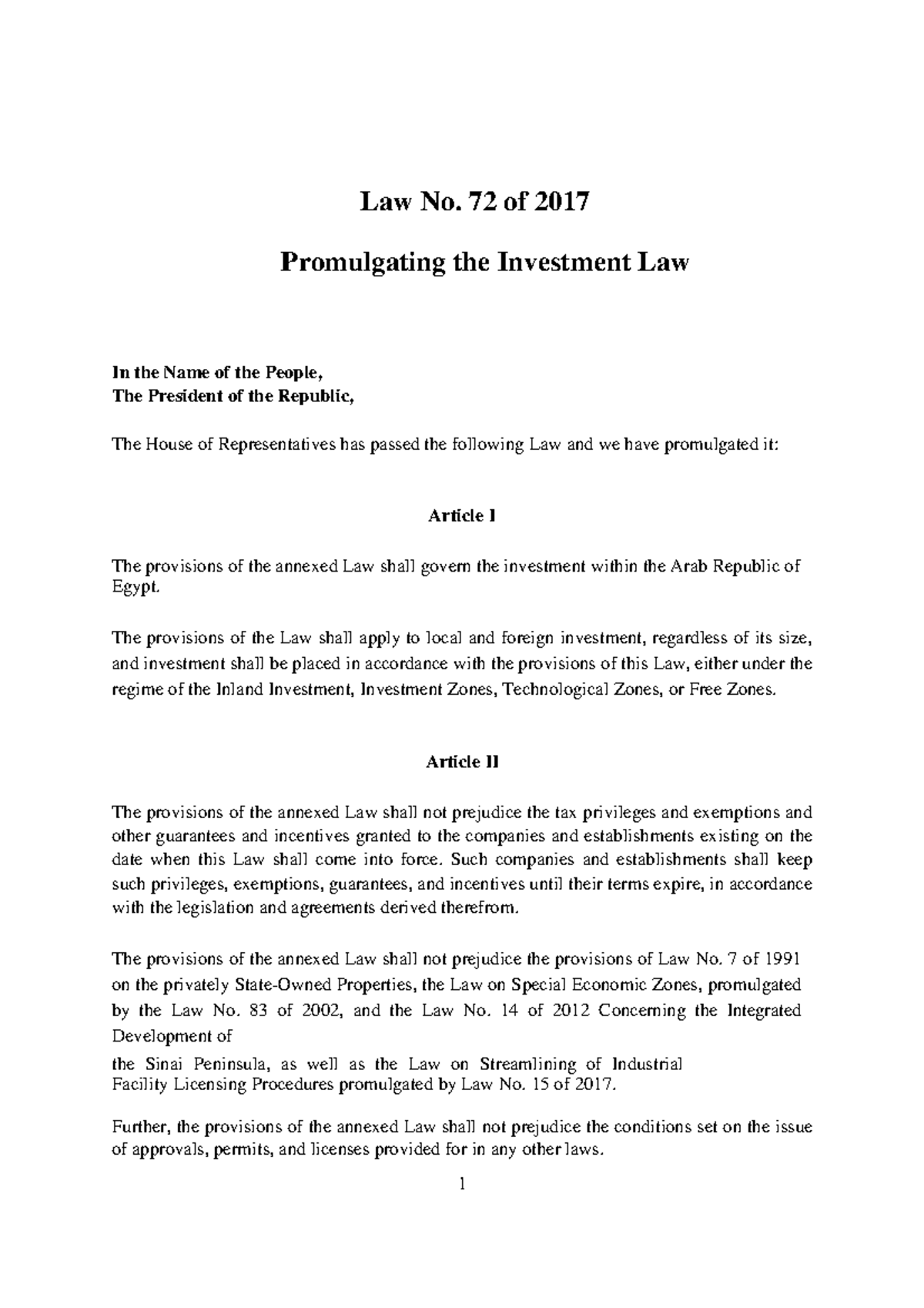 Investment law english ban - Law No. 72 of 2017 Promulgating the ...