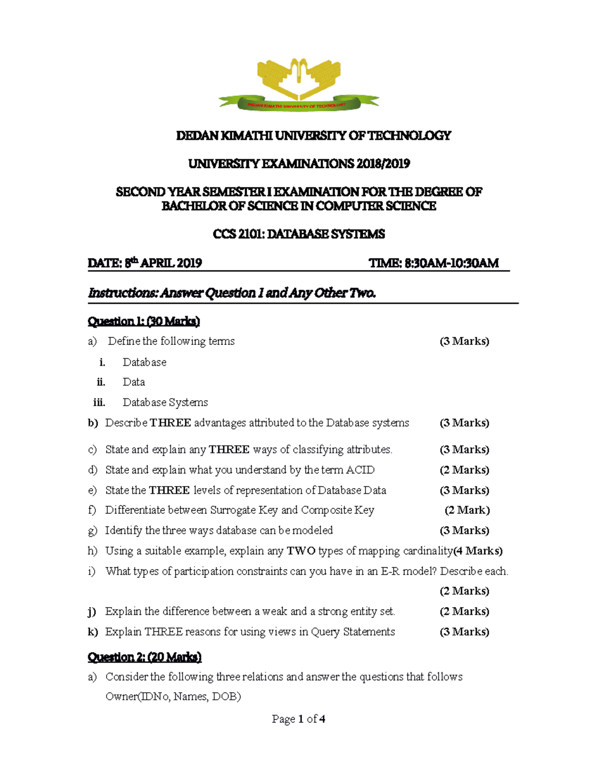 CCS 2101 Database Systems Question Paper Print - DEDAN KIMATHI UNIVERSITY OF TECHNOLOGY ...