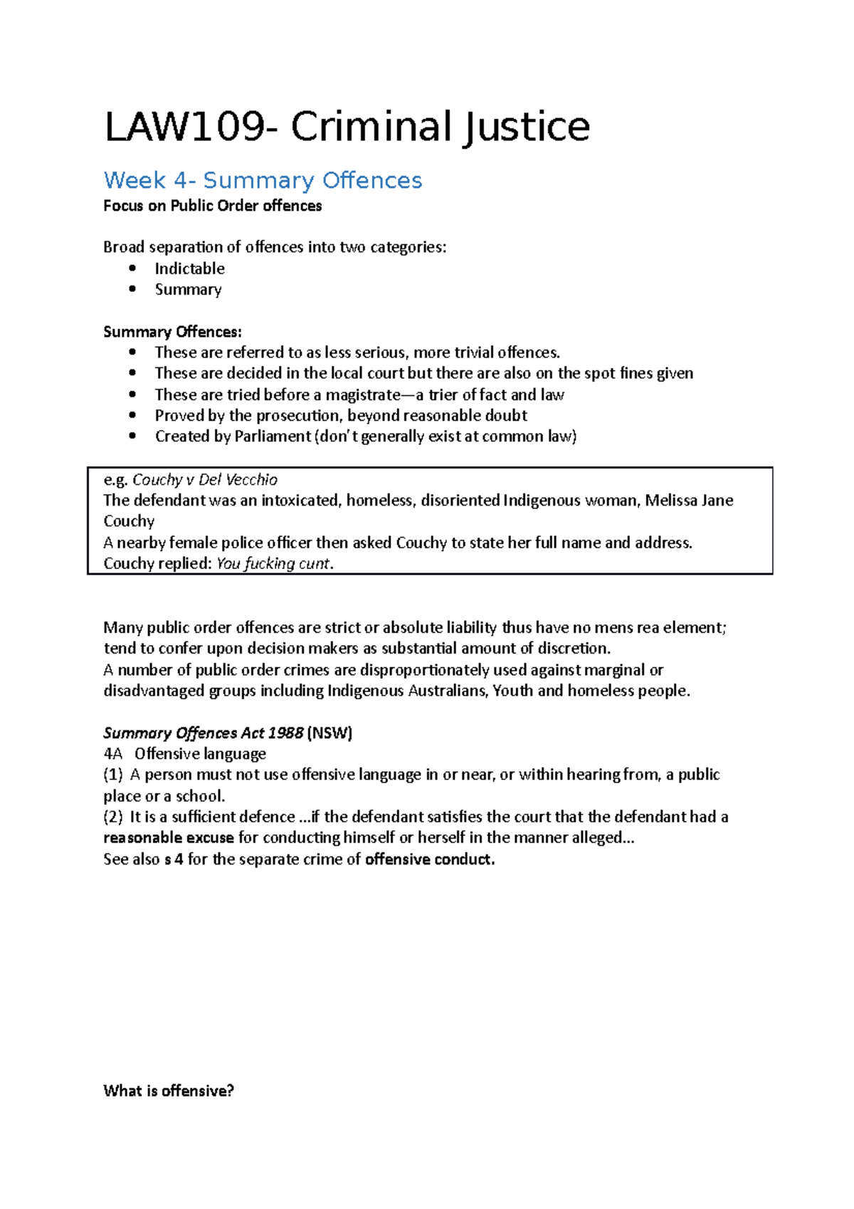Lecture W4 Summary Offences LAW109 Criminal Justice Week 4 Summary