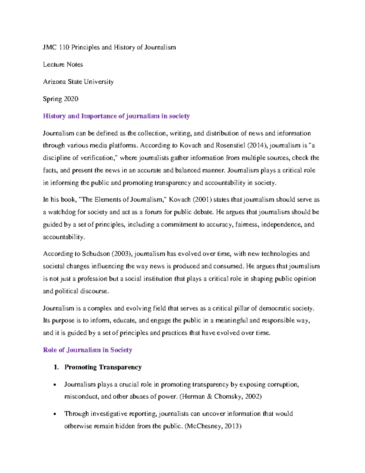 JMC 110 Lecture Notes 1-History and Importance of Journalism - JMC 110 ...