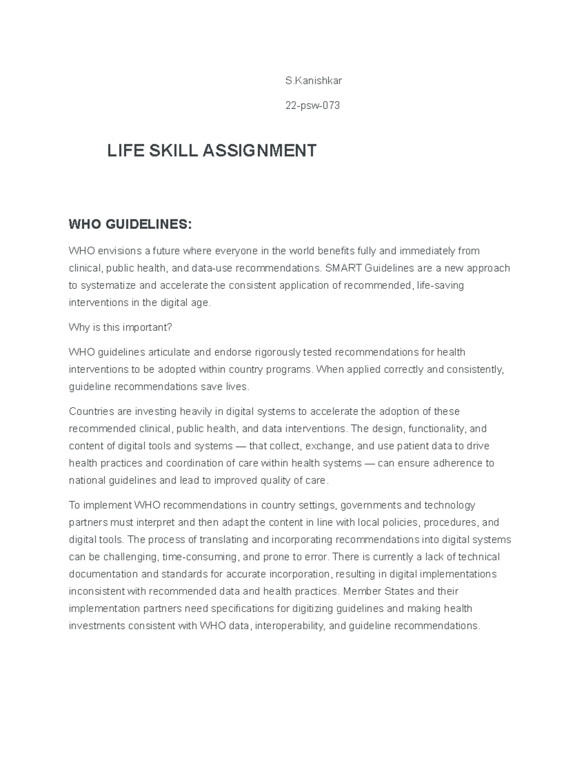 Life skill - S 22-psw- LIFE SKILL ASSIGNMENT WHO GUIDELINES: WHO ...