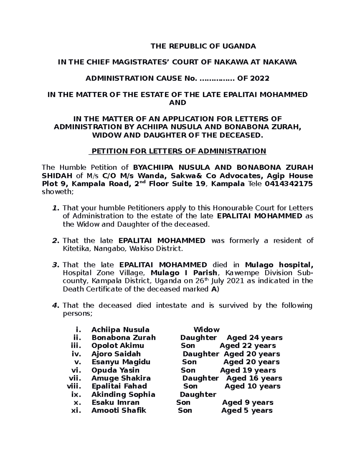 Letters OF Administration FOR Achipa - THE REPUBLIC OF UGANDA IN THE ...