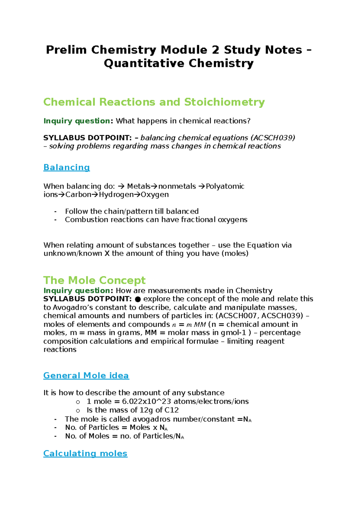 Prelim Chemistry Module 2 Study Notes - of Particles = Moles x NA - No ...