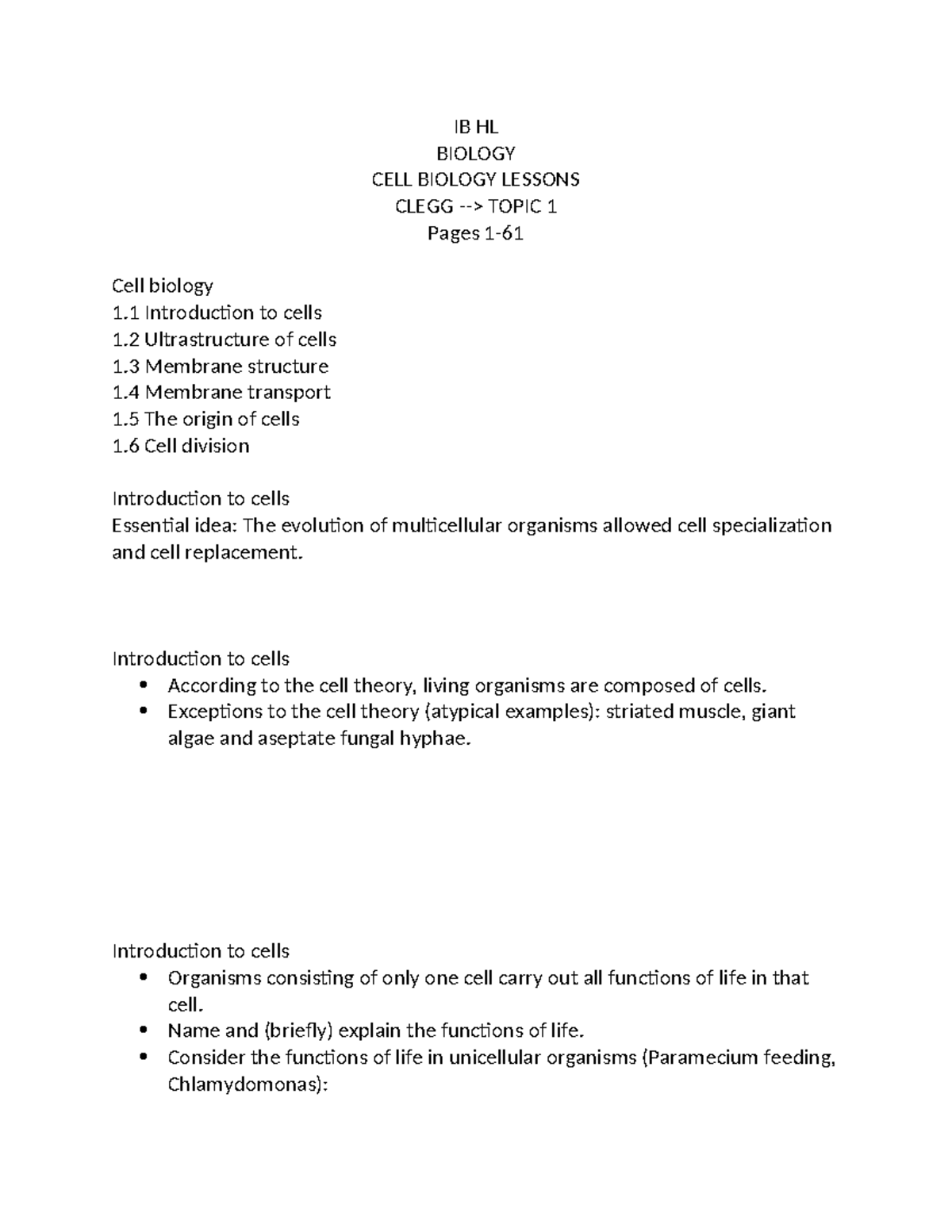 CELL Biology Lessons - IB HL BIOLOGY CELL BIOLOGY LESSONS CLEGG ...