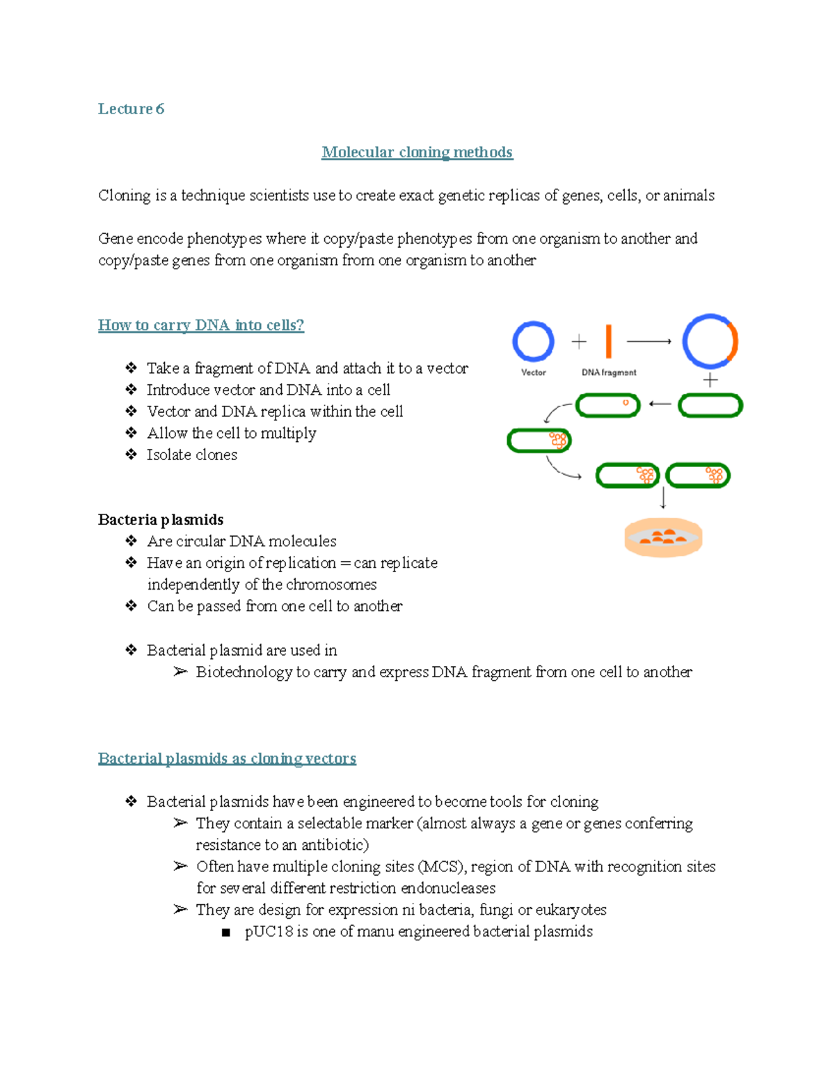 BIOL 367-Lecture 6 notes - Lecture 6 Molecular cloning methods Cloning ...