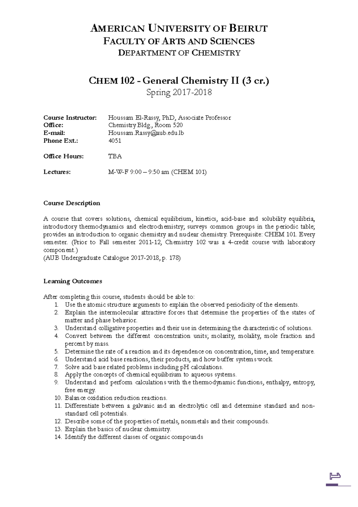 CHEM 102 - Chem102 - A MERICAN U NIVERSITY OF B EIRUT FACULTY OF A RTS ...