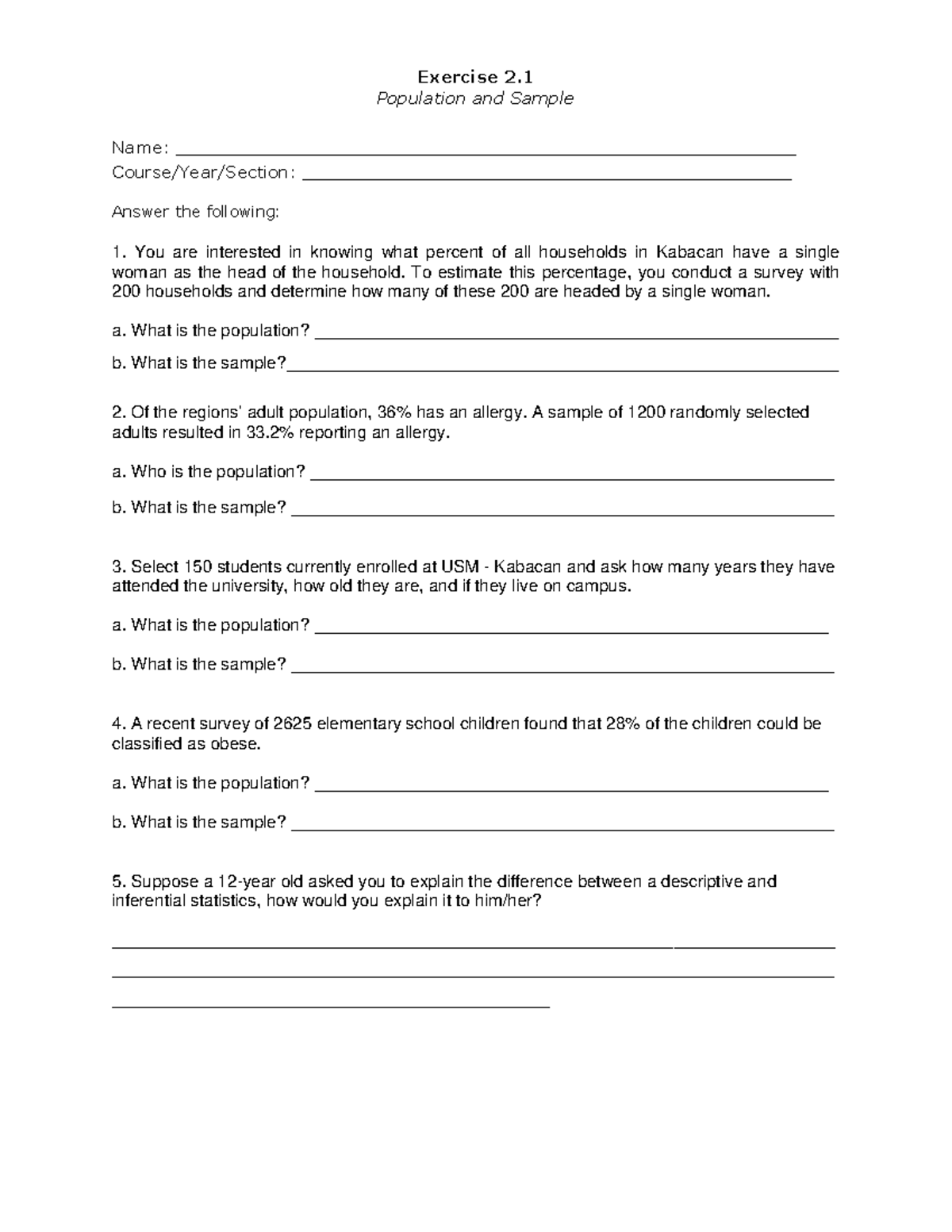 Population and sample - htdh - Exercise 2. Population and Sample Name ...