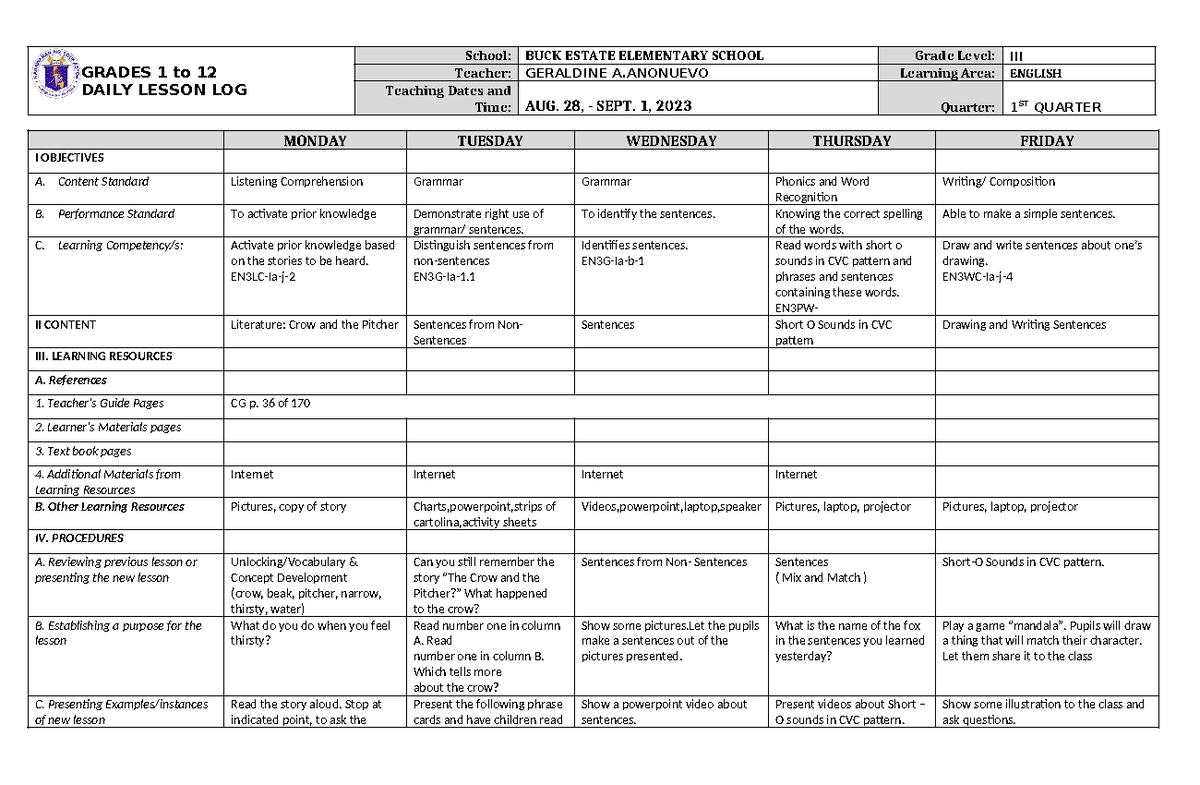 DLL English-3 Q1 W1 - DLL English-3 Q1 W1 - GRADES 1 to 12 DAILY LESSON LOG School: BUCK ESTATE ...