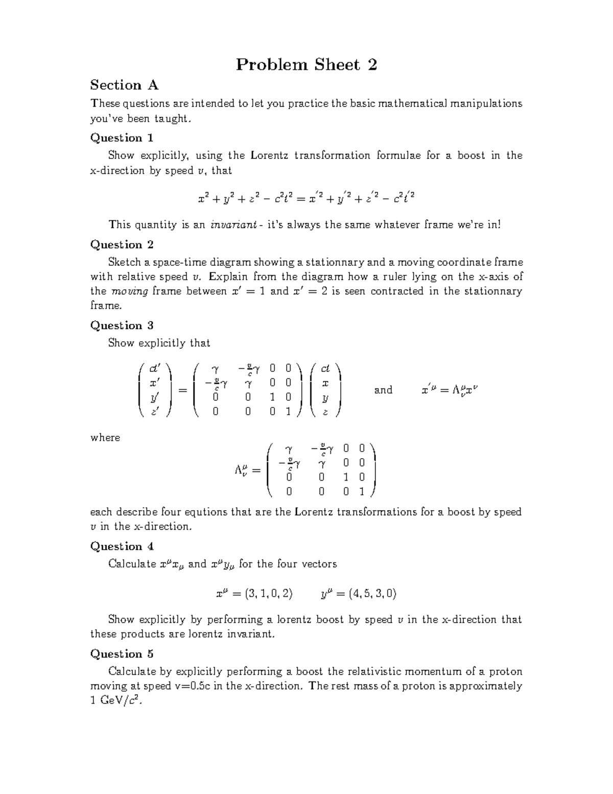 Tutorial work - 2 - Problem sheet special relativity - Problem Sheet 2 ...