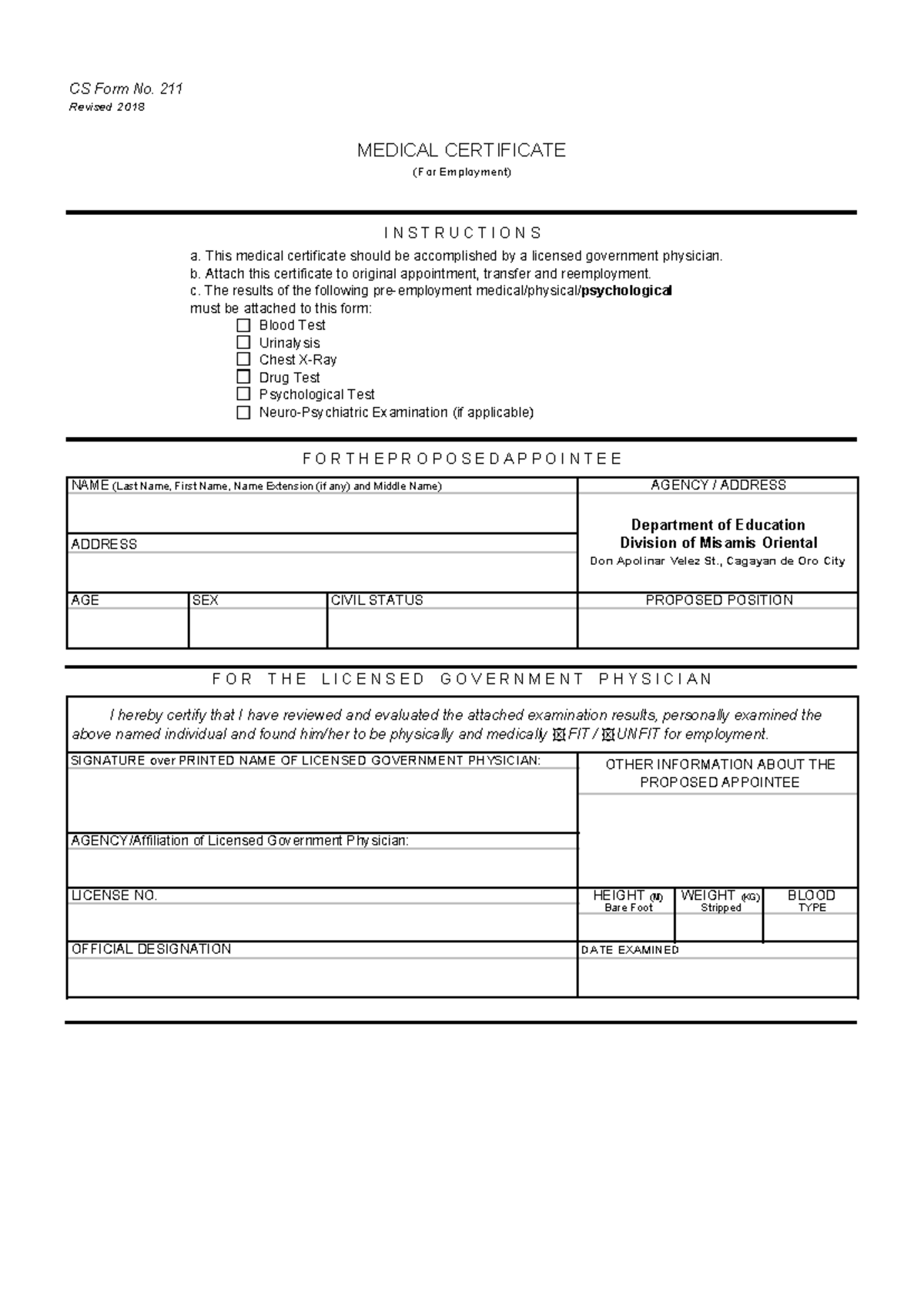 CS-Form-No - Practice Materials - CS Form No. 211 Revised 2018 MEDICAL ...