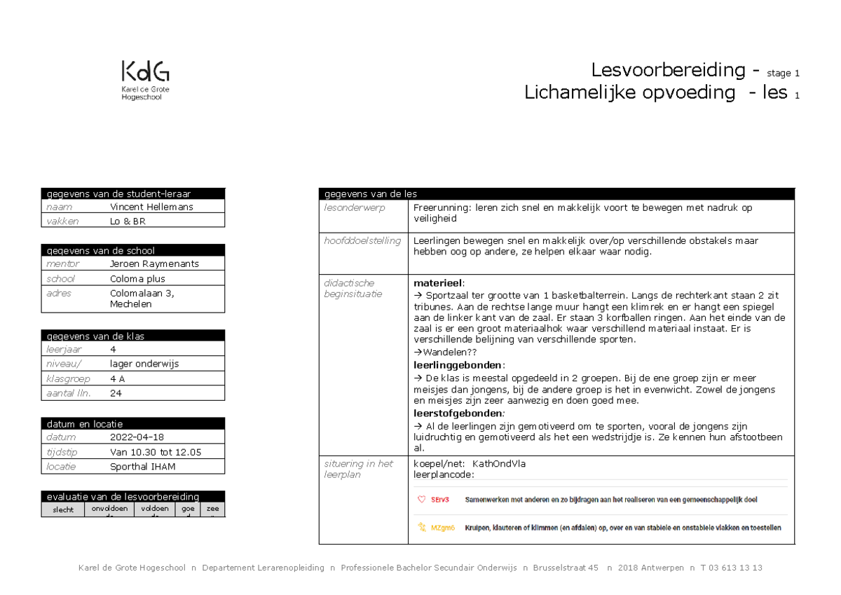Lesvoorbereidingsformulier freerunning - Lesvoorbereiding - stage 1 ...