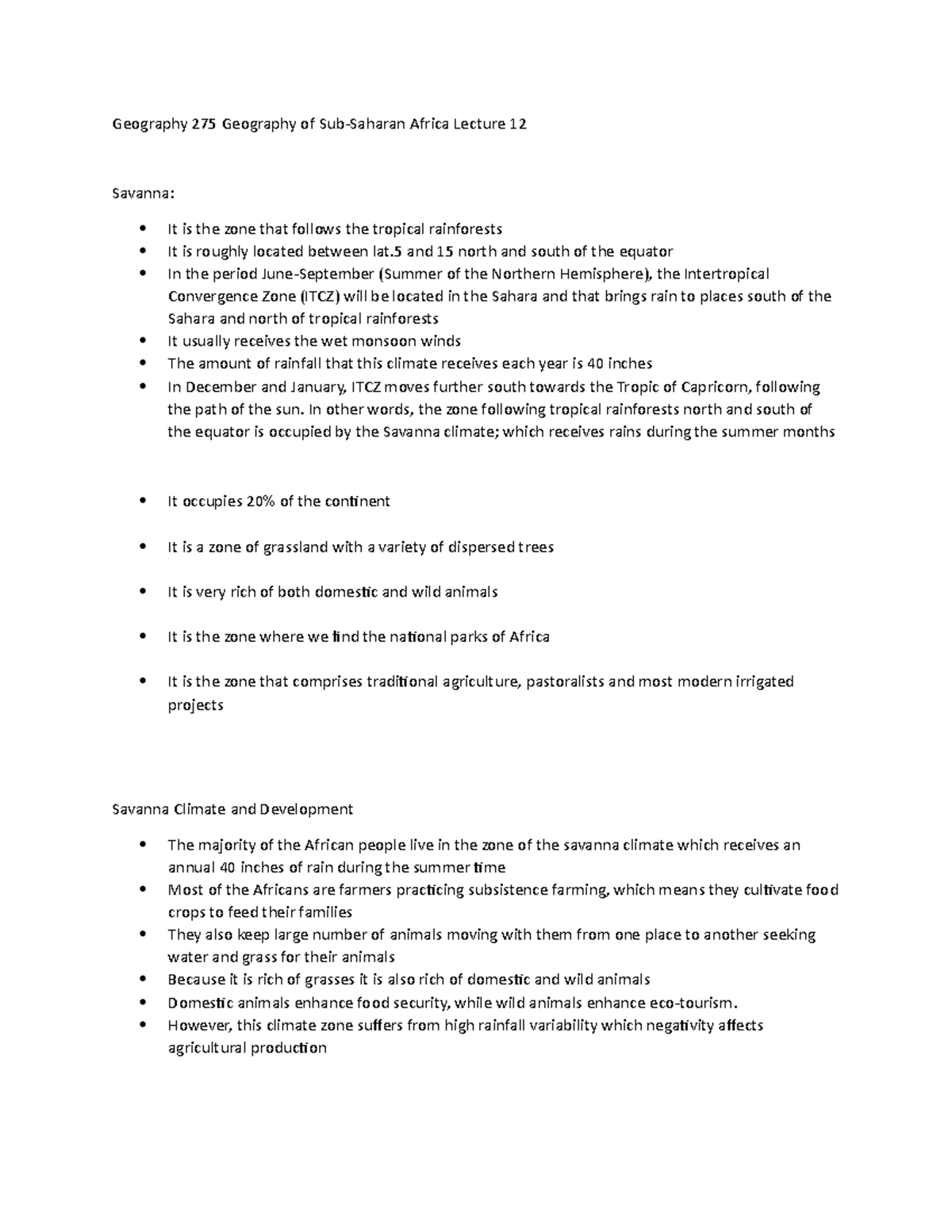 Geography 275 Lecture 12 Notes - Geography 275 Geography of Sub-Saharan ...