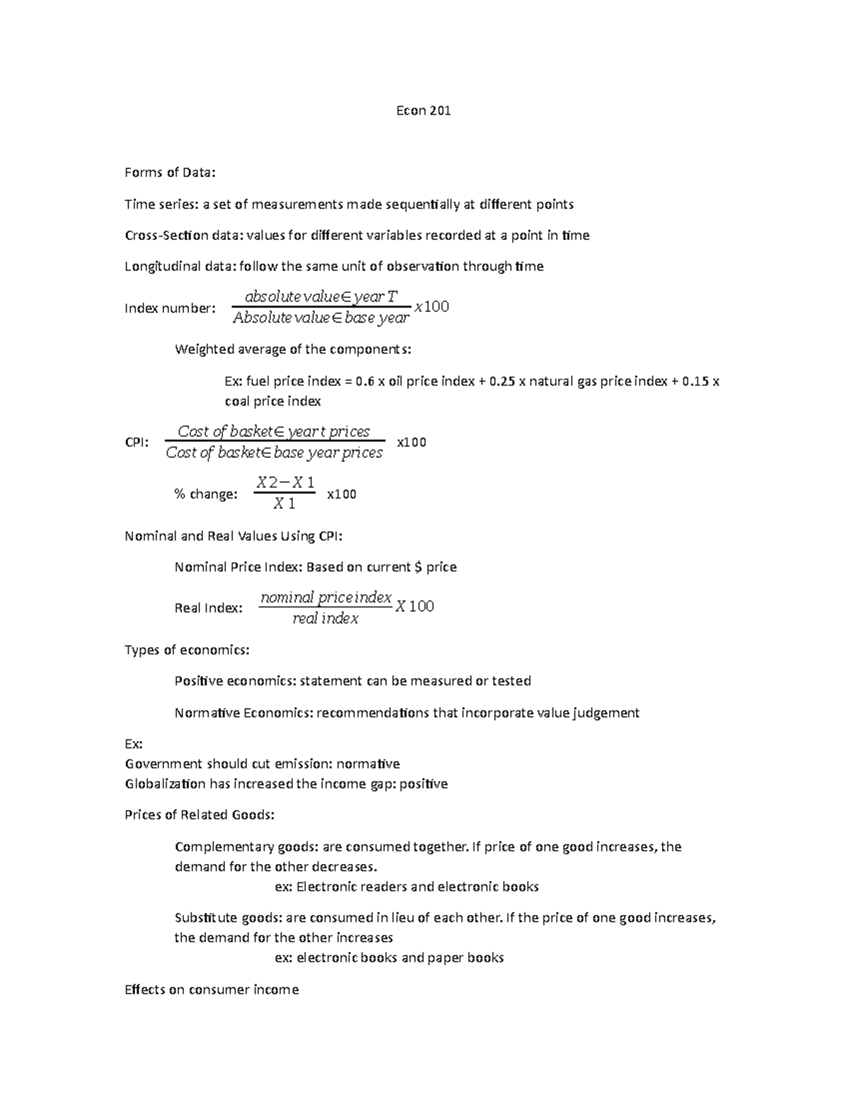 Econ-201 - notes - Econ 201 Forms of Data: Time series: a set of ...