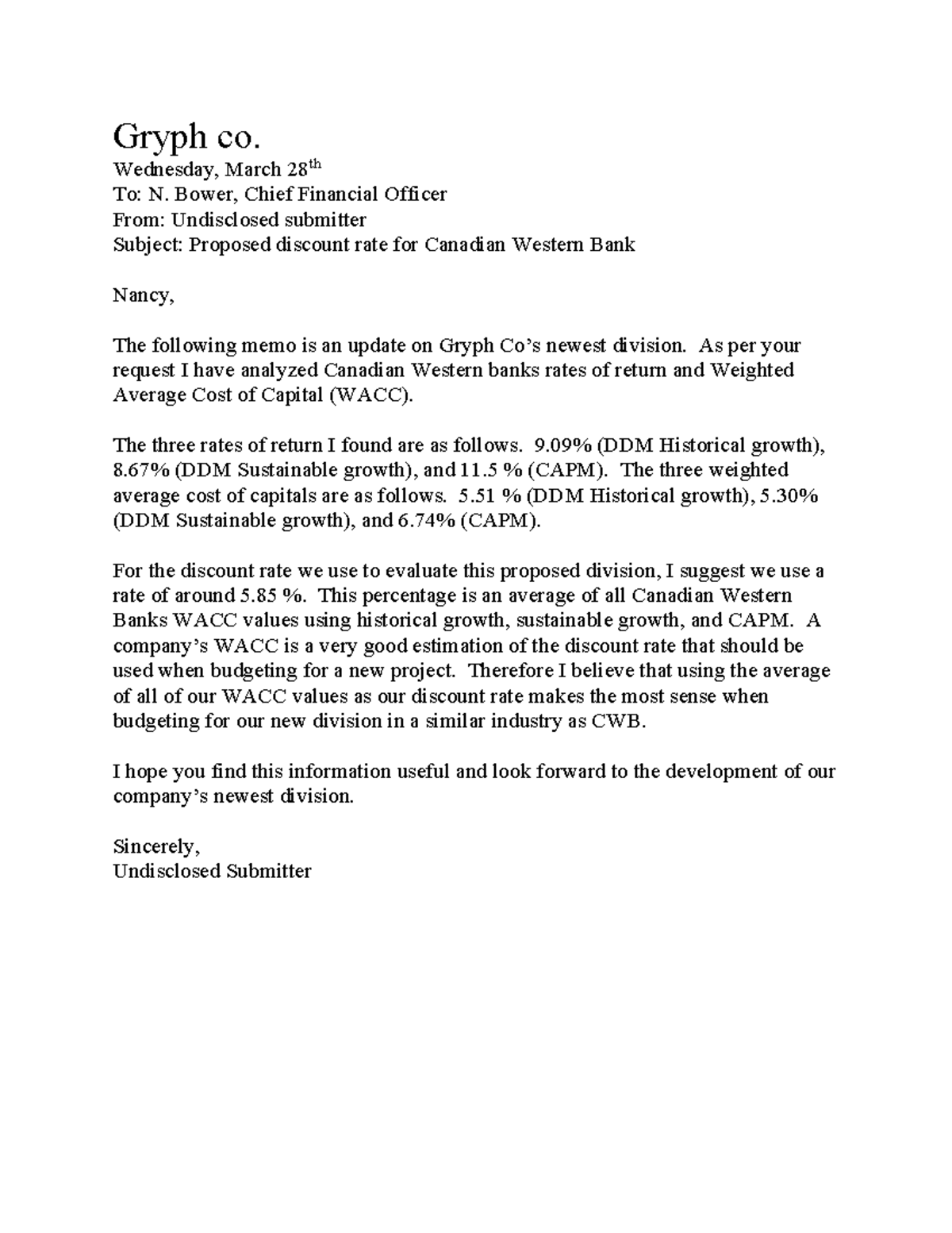 FIN2000 Assignment MEMO - Gryph co. Wednesday, March 28th To: N. Bower ...
