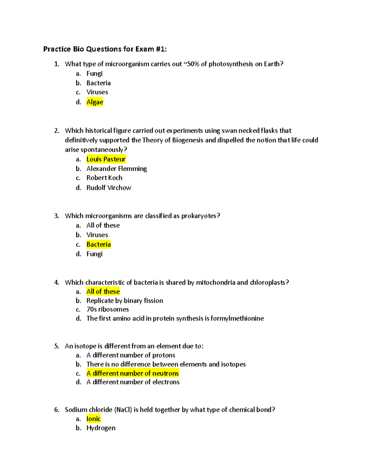Practice bio questions part 1 - Practice Bio Questions for Exam #1 ...