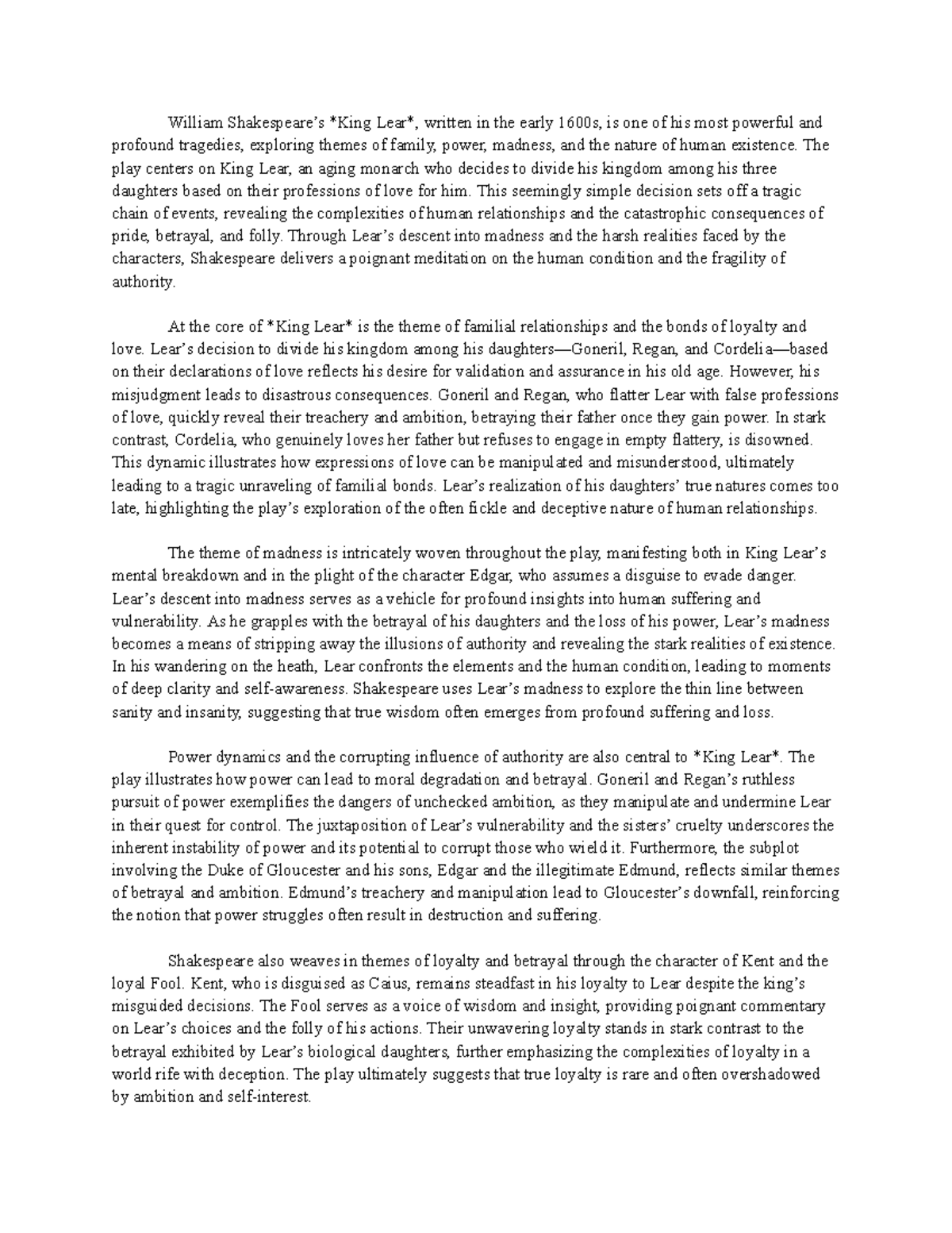 King Lear Essay 1 - William Shakespeare’s King Lear, written in the ...
