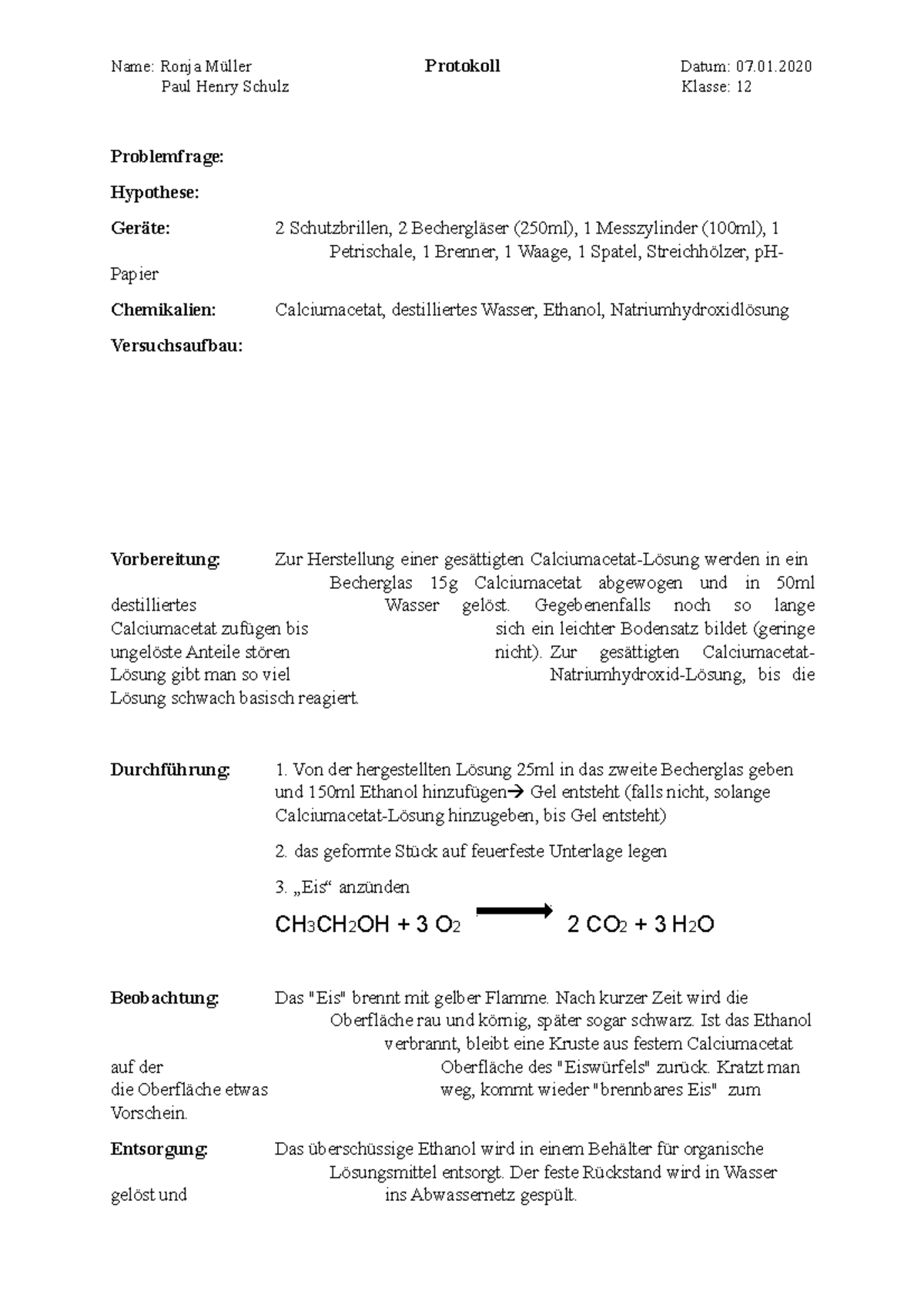 Chemie Experiment Protokoll (Word) - Name: Ronja Müller Protokoll Datum ...