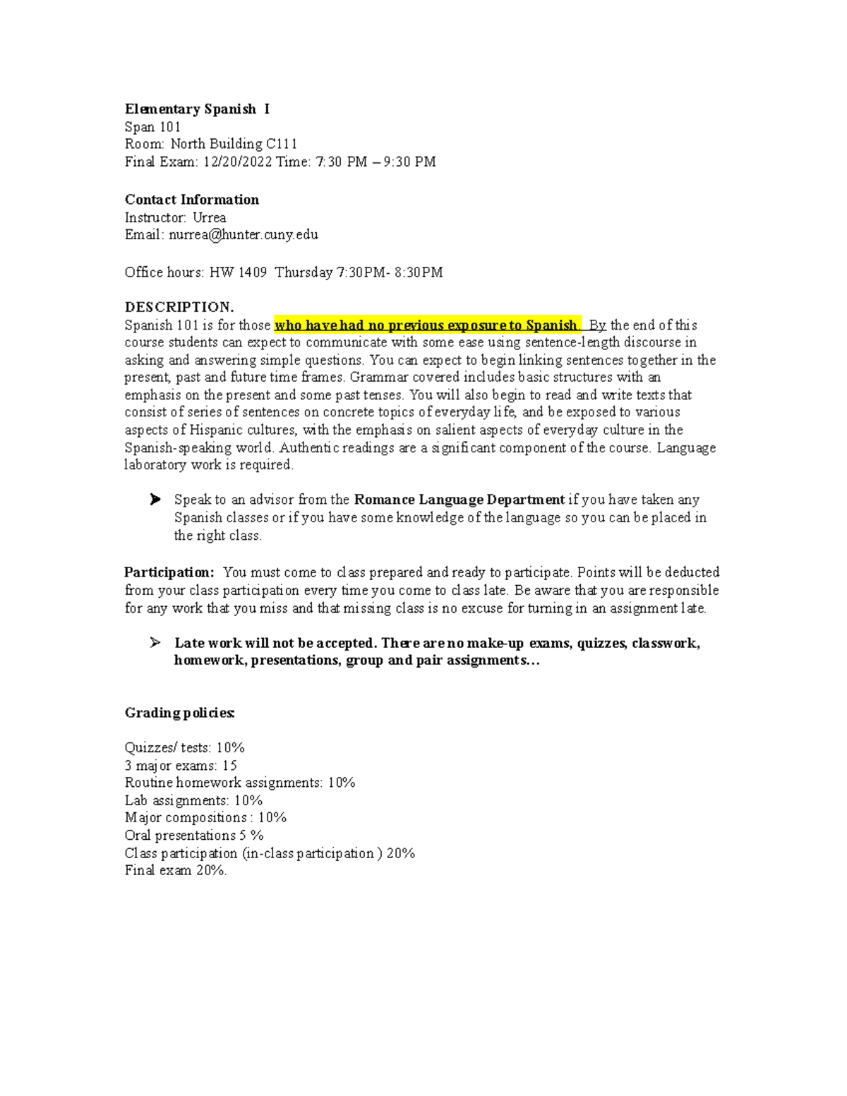 Elementary Spanish I. Fall 2022 - Elementary Spanish I Span 101 Room ...