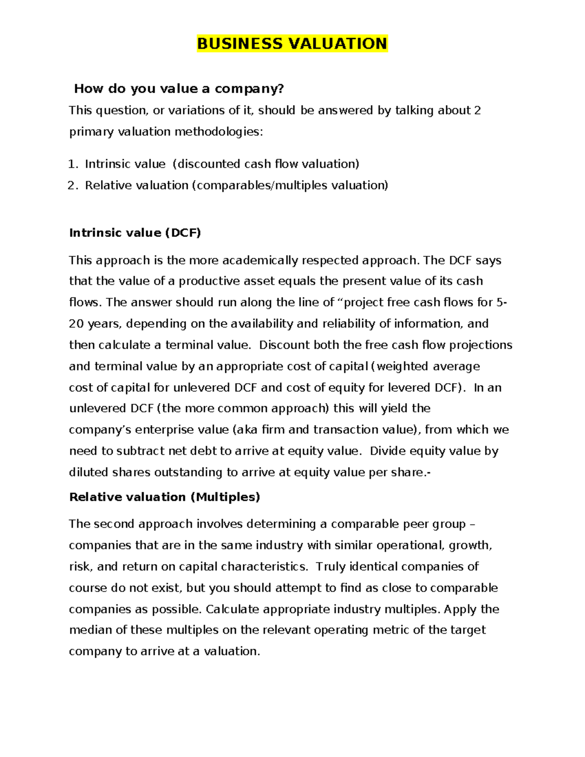 BV EV REF Notes - BUSINESS VALUATION How do you value a company? This ...