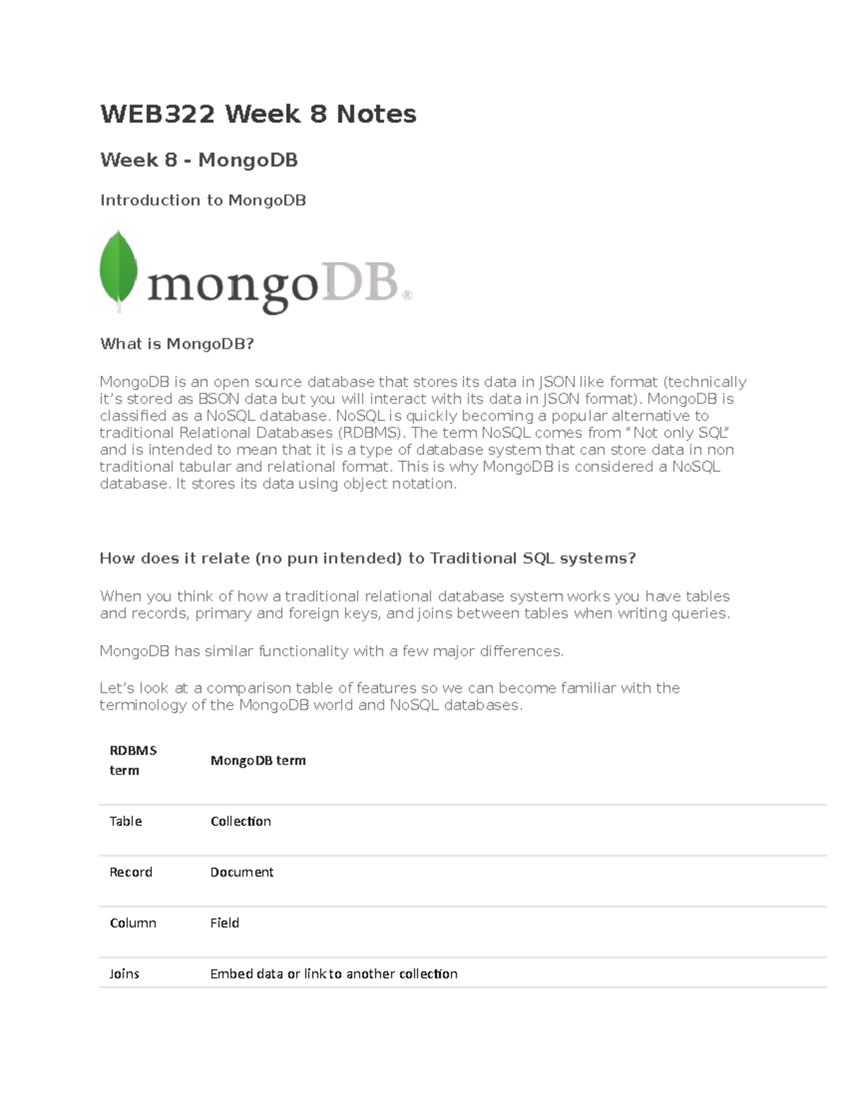 WEEK 8 WEB 322 Notes - WEB322 Week 8 Notes Week 8 - MongoDB ...