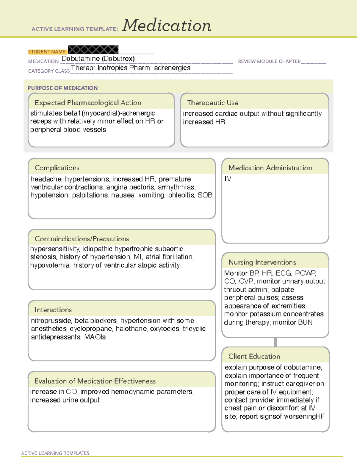 Dobutamine studoc - ACTIVE LEARNING TEMPLATES Medication STUDENT NAME ...