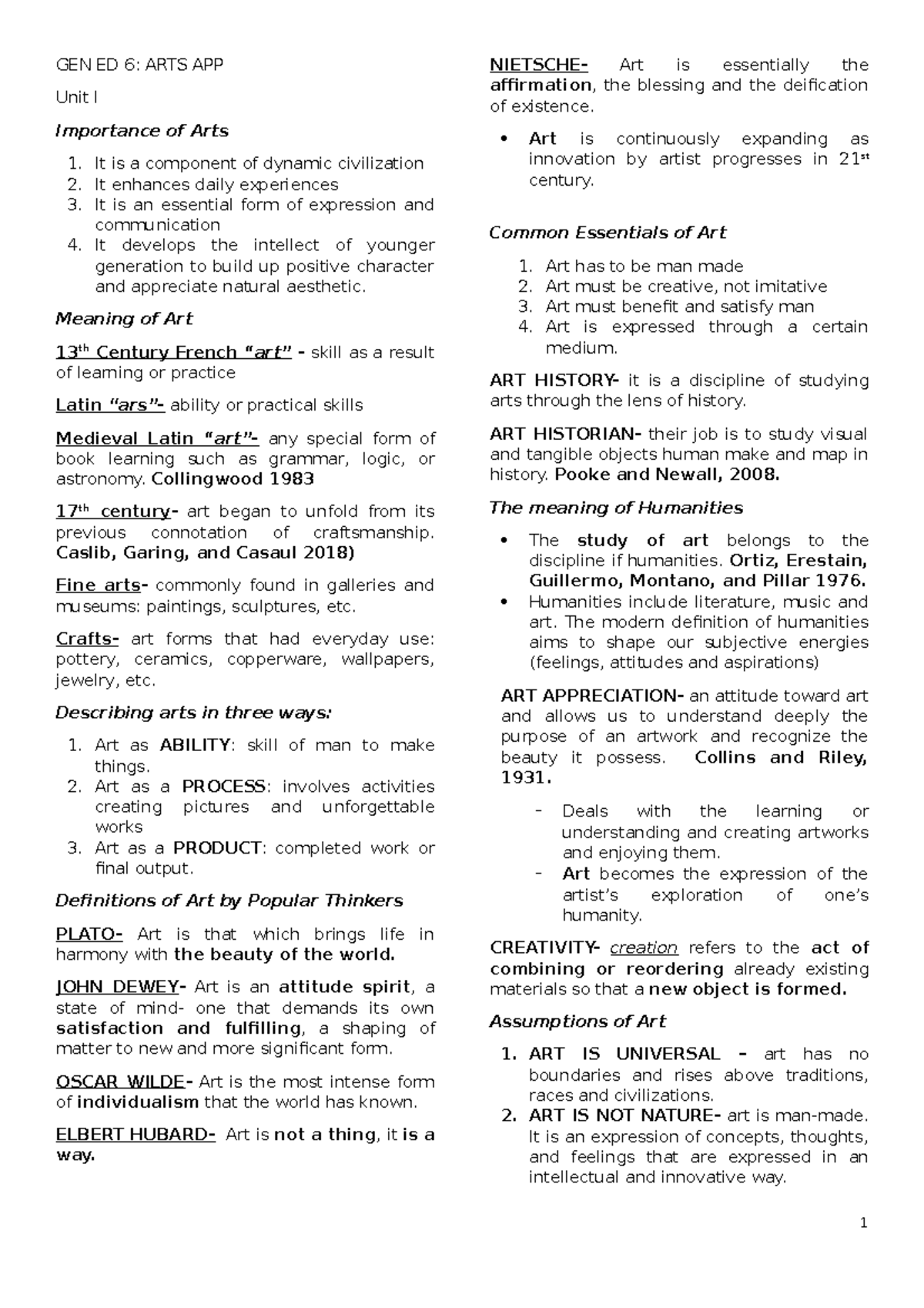 ART-APP- Reviewer-UNIT 1-2 - GEN ED 6: ARTS APP Unit I Importance of ...