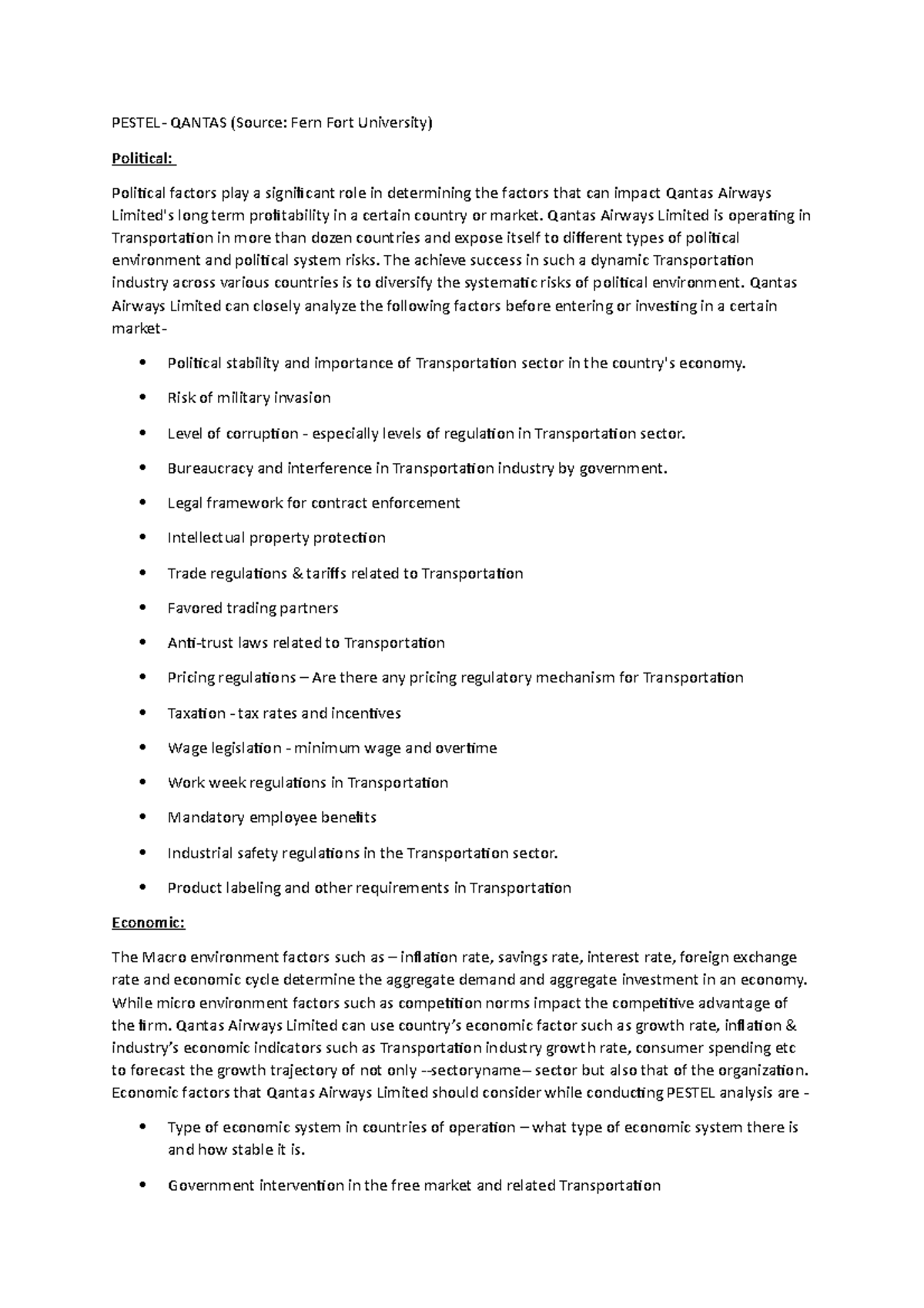 Pestel Qantas Business Assignment 1 - 21510 - Studocu