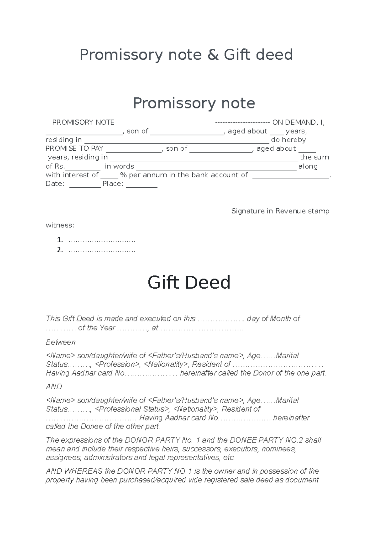 Promissory note and Gift Deed - Promissory note & Gift deed Promissory ...