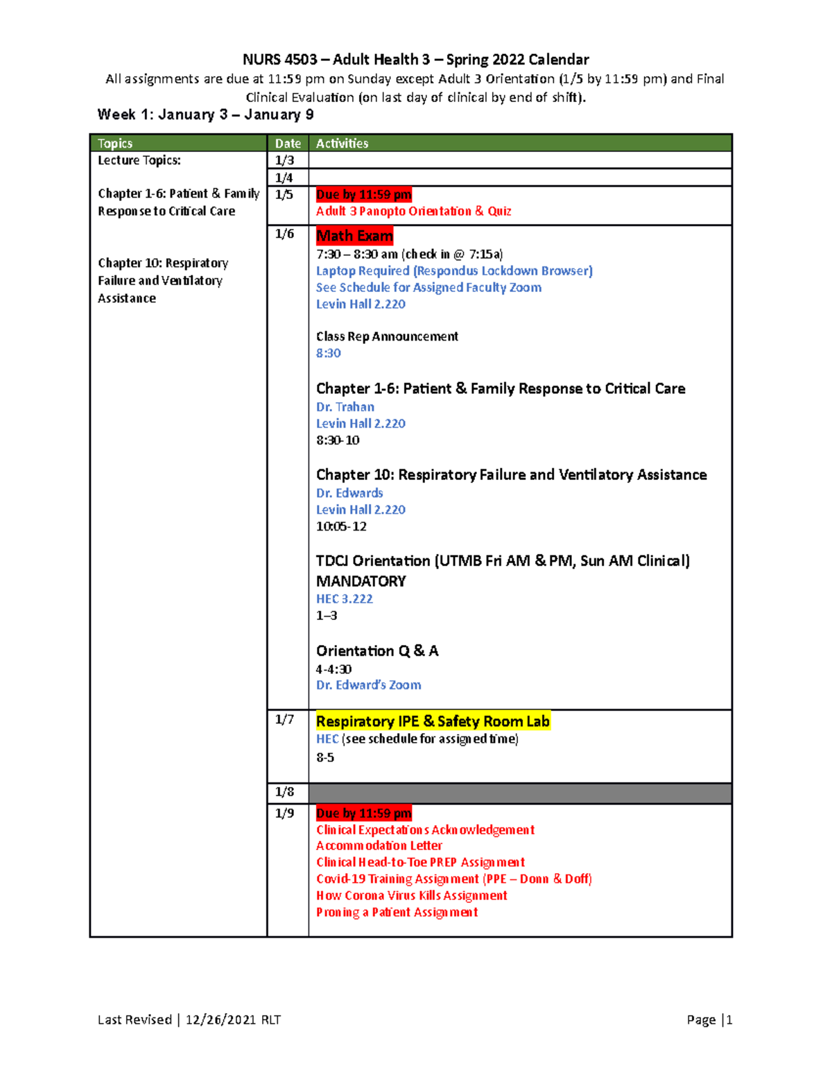 4503 Calendar Sp2022(3) - All assignments are due at 11:59 pm on Sunday ...