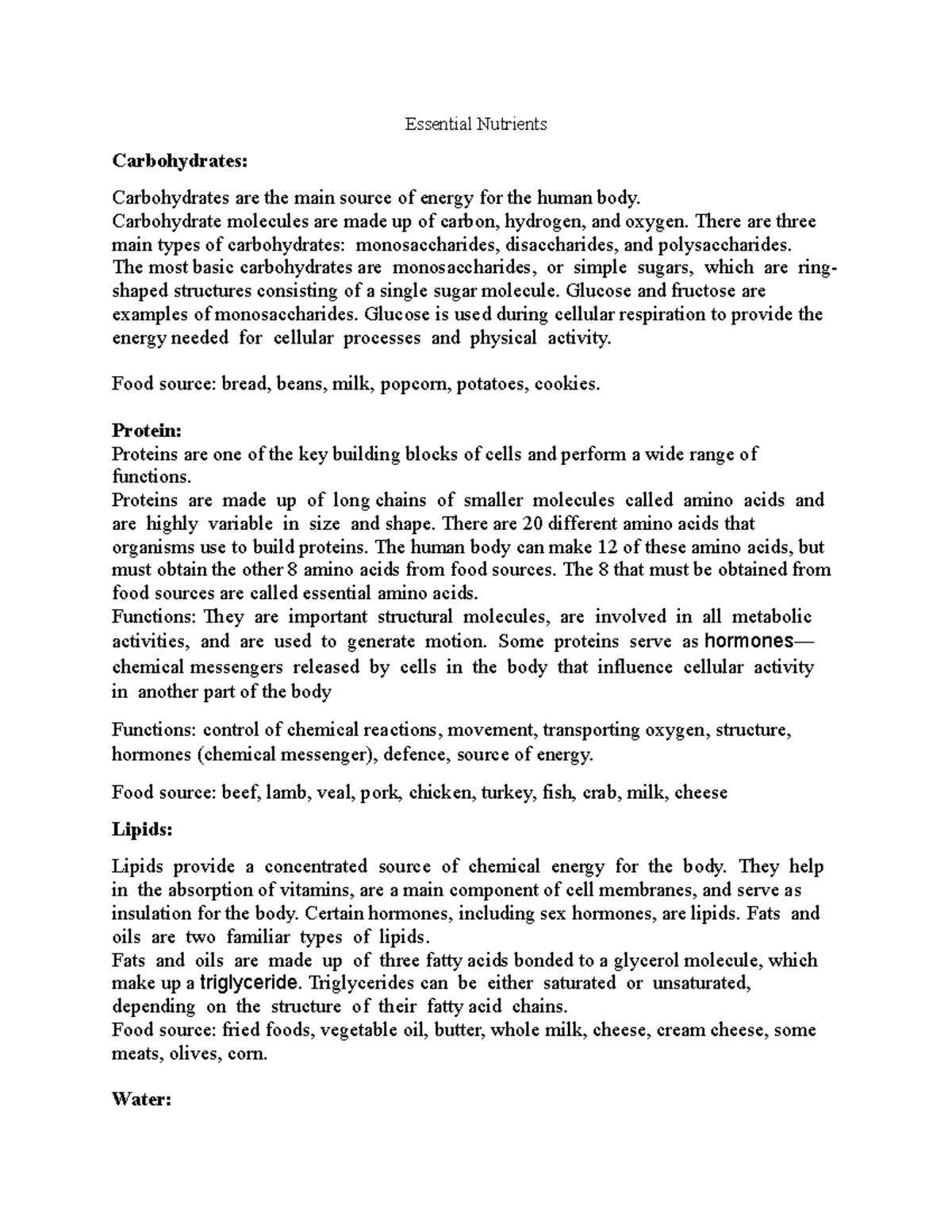 Essential nutrients note - Essential Nutrients Carbohydrates ...
