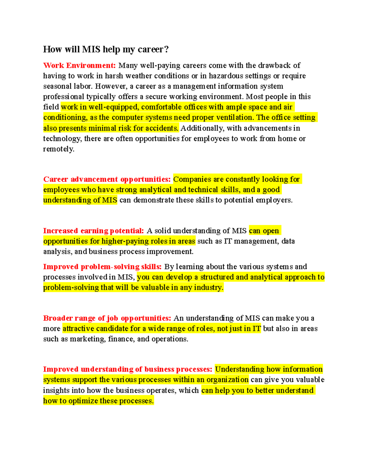 How will MIS help my career - How will MIS help my career? Work ...