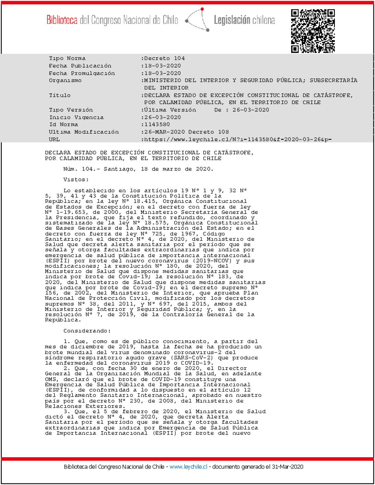 Decreto Supremo Ejemplo DTO-104 18-MAR-2020 - Tipo Norma :Decreto 104 ...