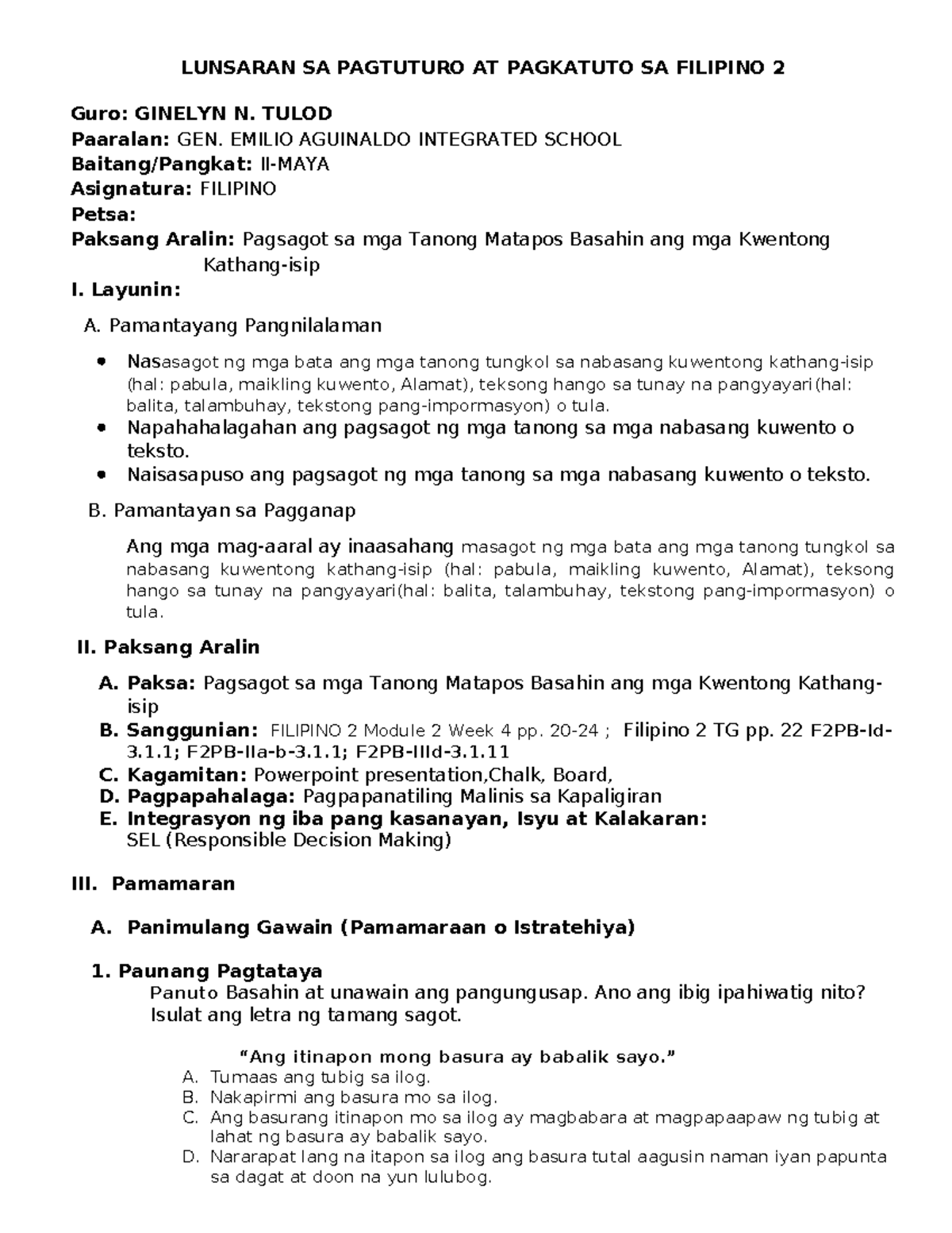 Q1- Filipino- Lesson PLAN - W-4 - LUNSARAN SA PAGTUTURO AT PAGKATUTO SA ...