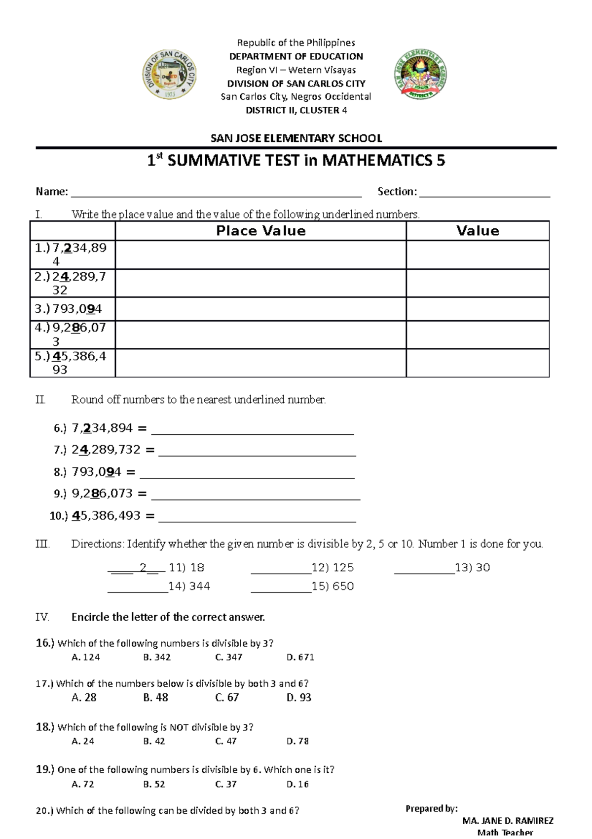 SUMMATIVE TEST IN MATH 5 - Republic of the Philippines DEPARTMENT OF ...