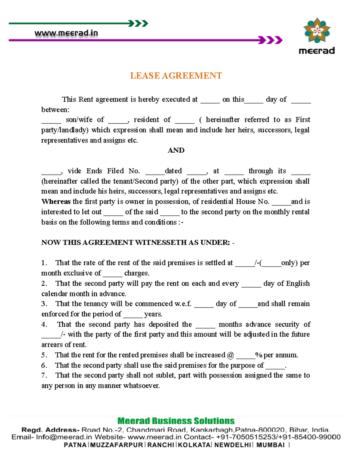 Lease Agreement - LEASE AGREEMENT This Rent agreement is hereby executed at _____ on this ...