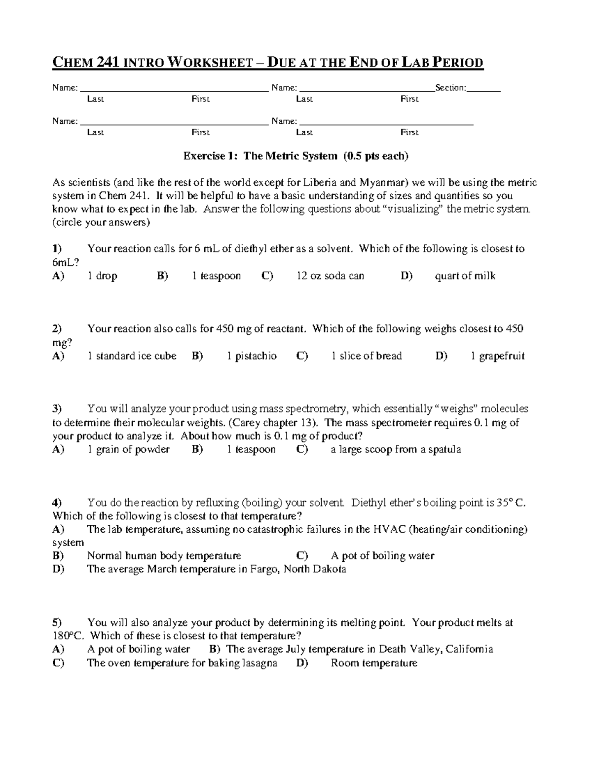 Worksheet 1 - Introduction practice - CHEM 241 INTRO WORKSHEET – DUE AT ...