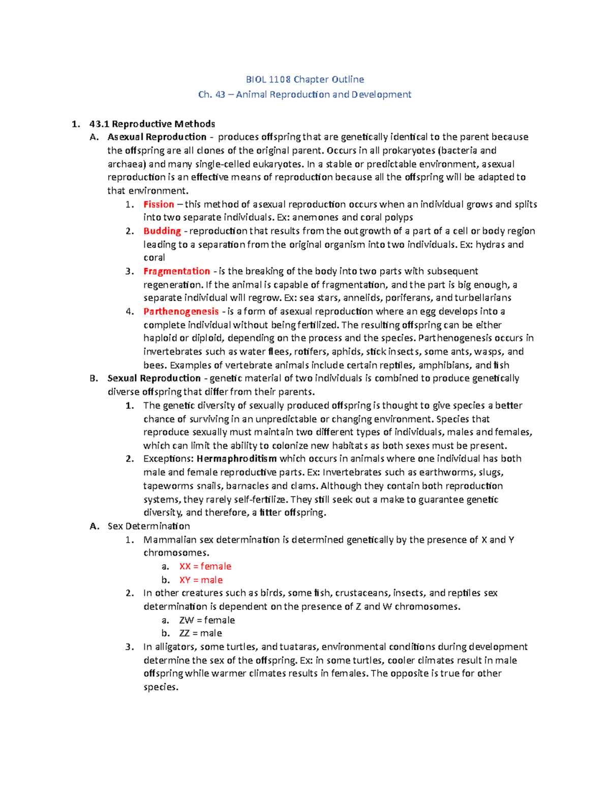 Ch. 43 - Animal Reproduction and Development Notes - BIOL 1108 Chapter ...