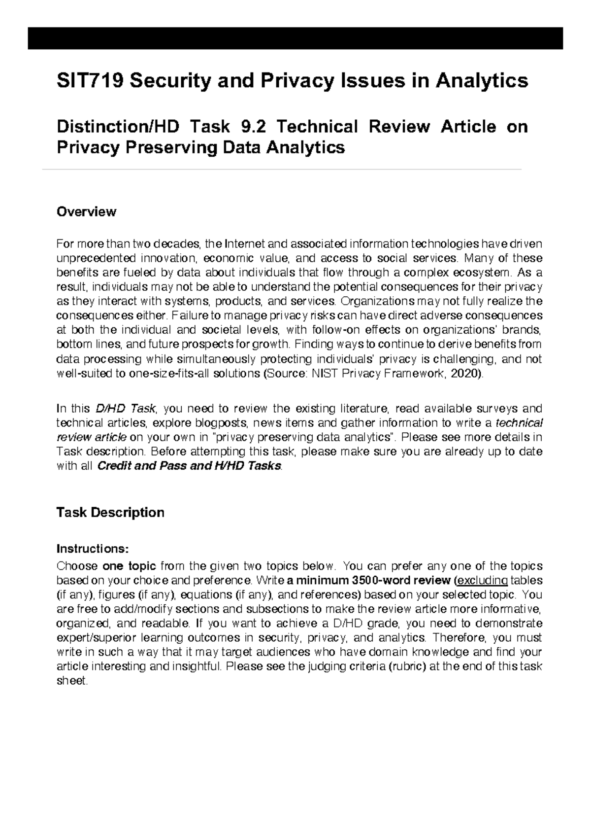 SIT719-9.2D OR HD - Cyber Security - SIT719 Security and Privacy Issues in Analytics Distinction ...