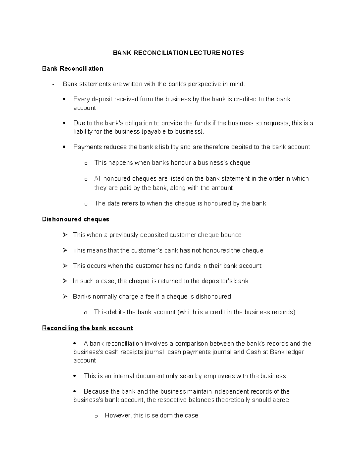Bank Reconciliation Notes - BANK RECONCILIATION LECTURE NOTES Bank ...