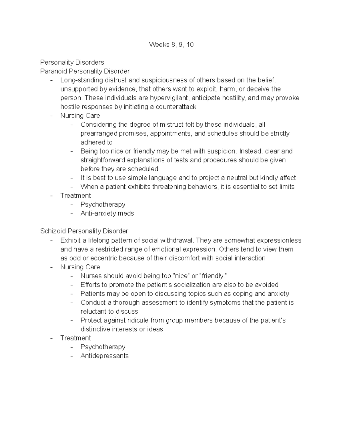 233 weeks 8,9,10 - Notes - Weeks 8, 9, 10 Personality Disorders ...