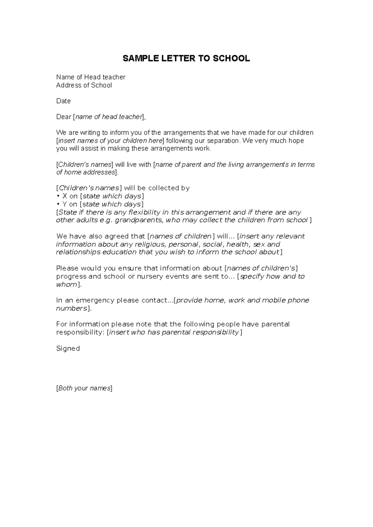 Sample letter to school - SAMPLE LETTER TO SCHOOL Name of Head teacher ...