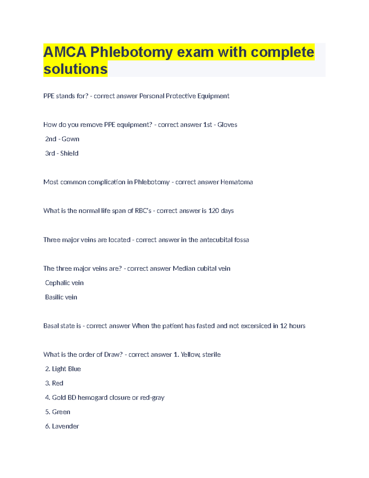 AMCA Phlebotomy exam with complete solutions - AMCA Phlebotomy exam ...