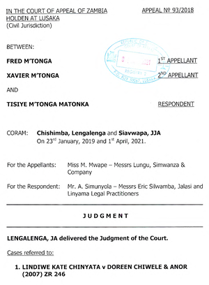 1. Lindiwe Kate Chinyanta v Doreen Chiwele Judith Tembo SCZ No 28 of ...